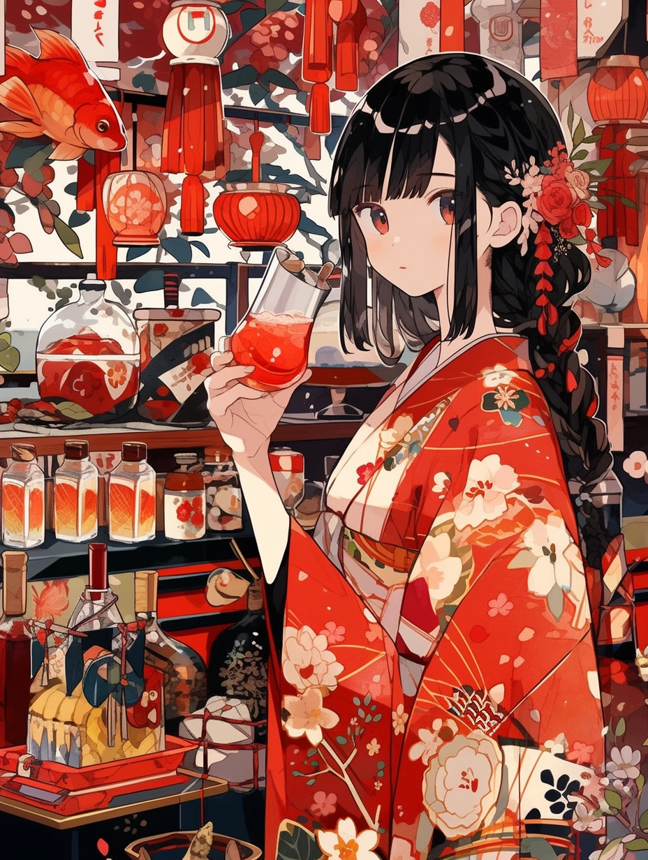 No.745 Drink and girl in Japanese clothes | Aipictors
