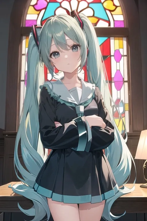 Hatsune Miku in front of stained glass | Aipictors