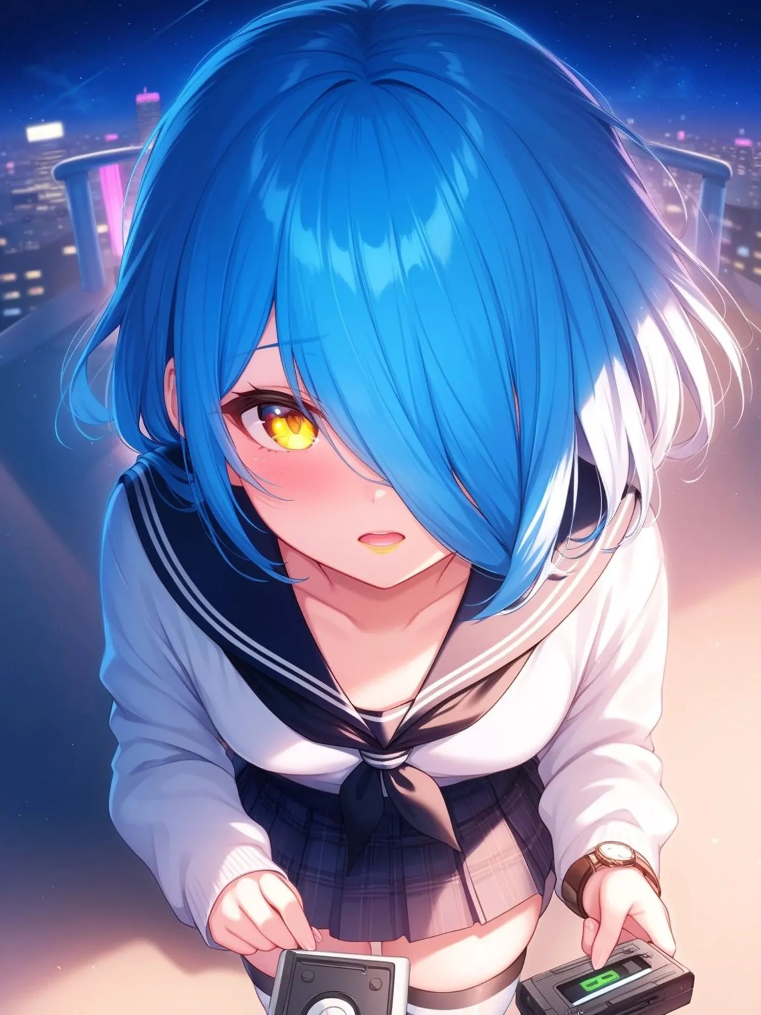 夜の屋上で輝く青い秘密 - Dream & Parallel Studioの作品 - Aipictors - AI画像投稿サイト・生成サイト