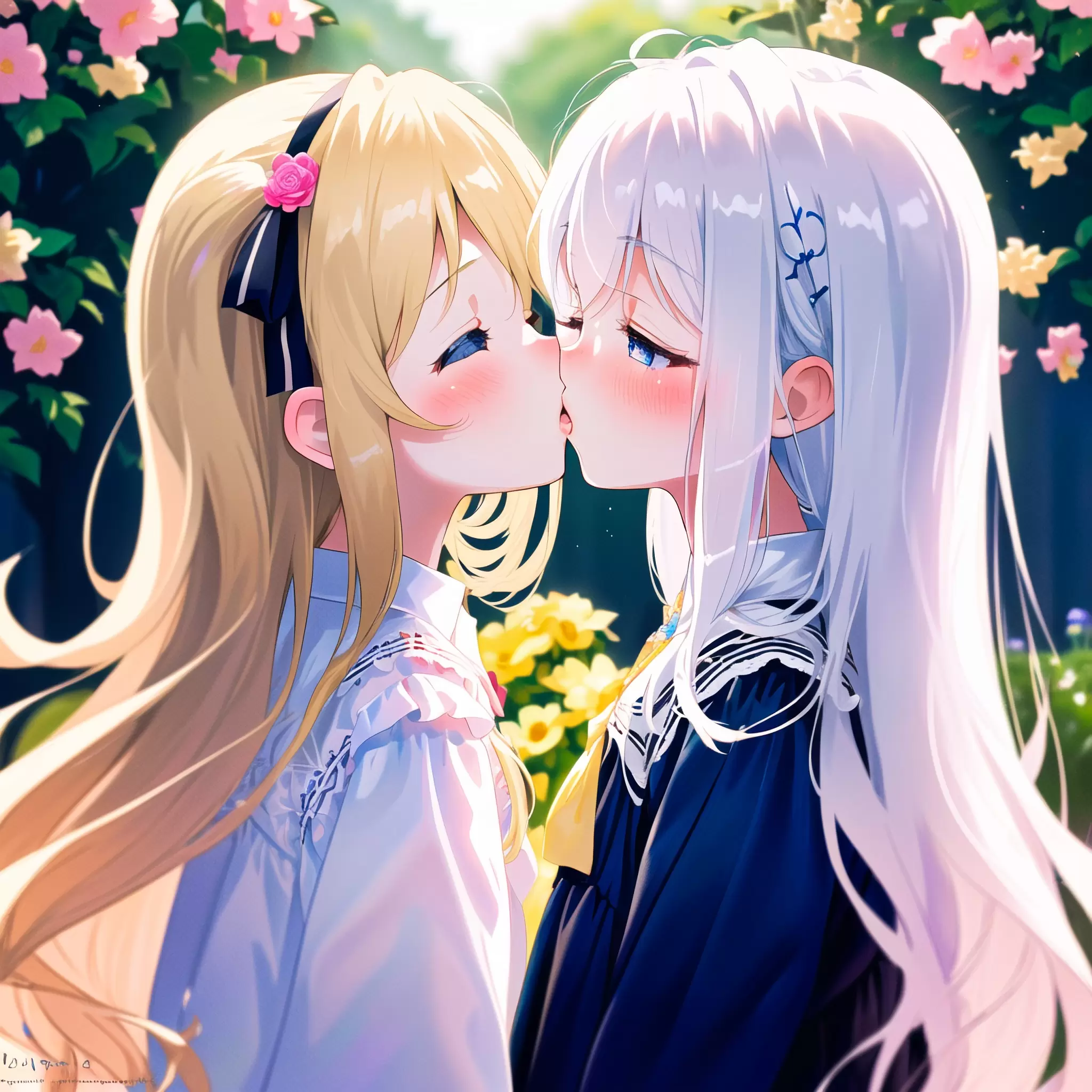 Blonde girl kissing her friend | Aipictors